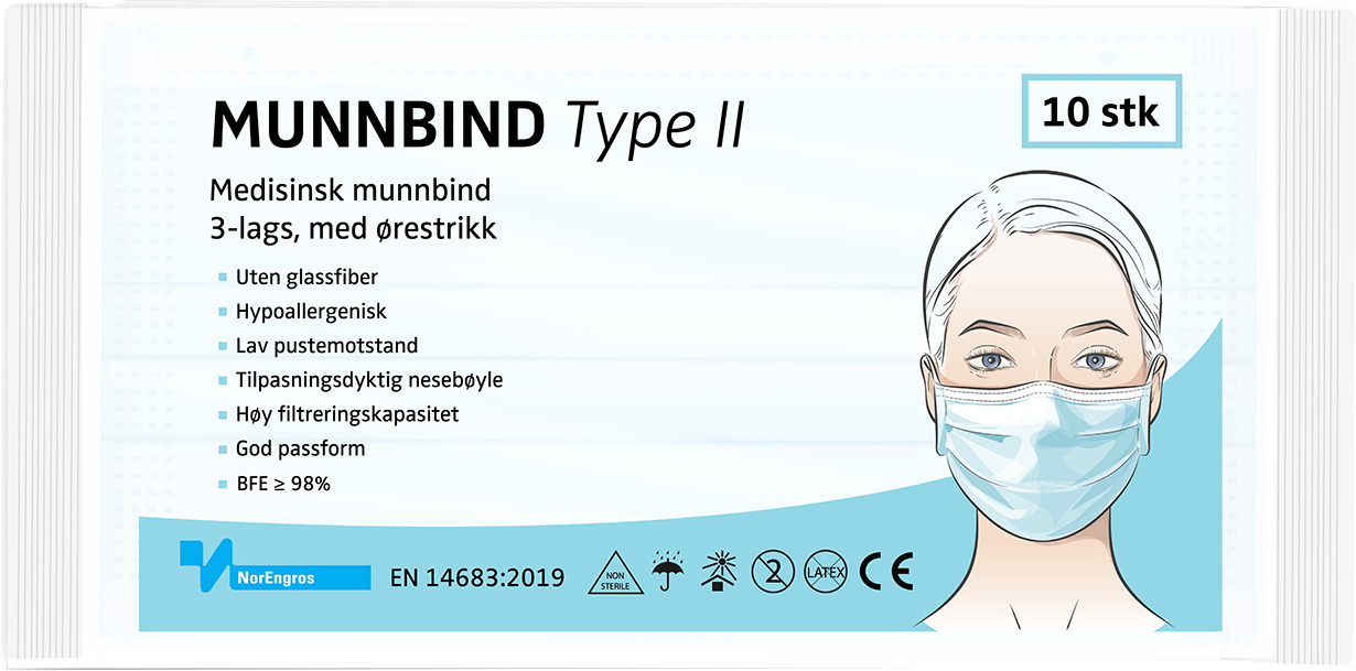 Munnbind 3-lags med ørestrikk type II 10st | Norengros